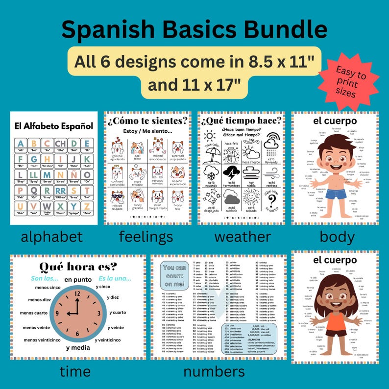 Spanish Basics Bundle Printable Posters in Boho Blue, Spanish ...