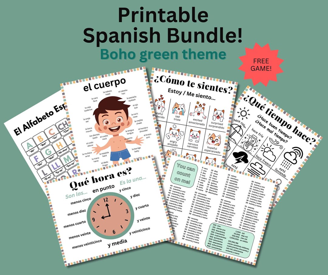 Spanish Basics Bundle Printable Posters in Boho Green, Spanish ...