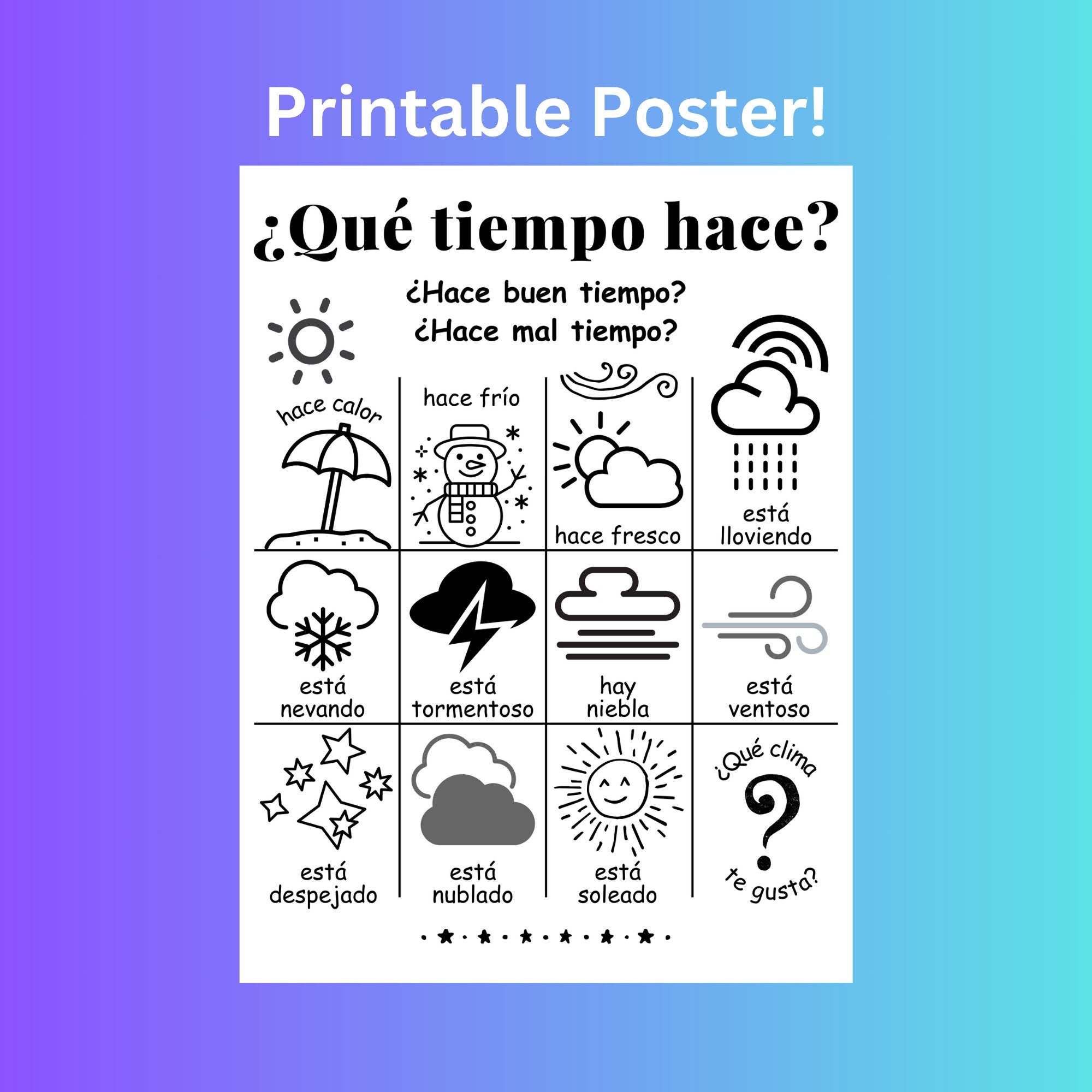 Weather in Spanish Printable Poster, Digital Download, Spanish Class ...