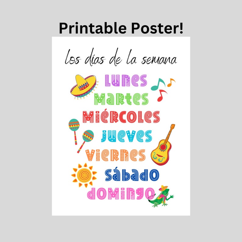 Spanish Days of the Week Poster Download, Spanish Basics, Spanish ...