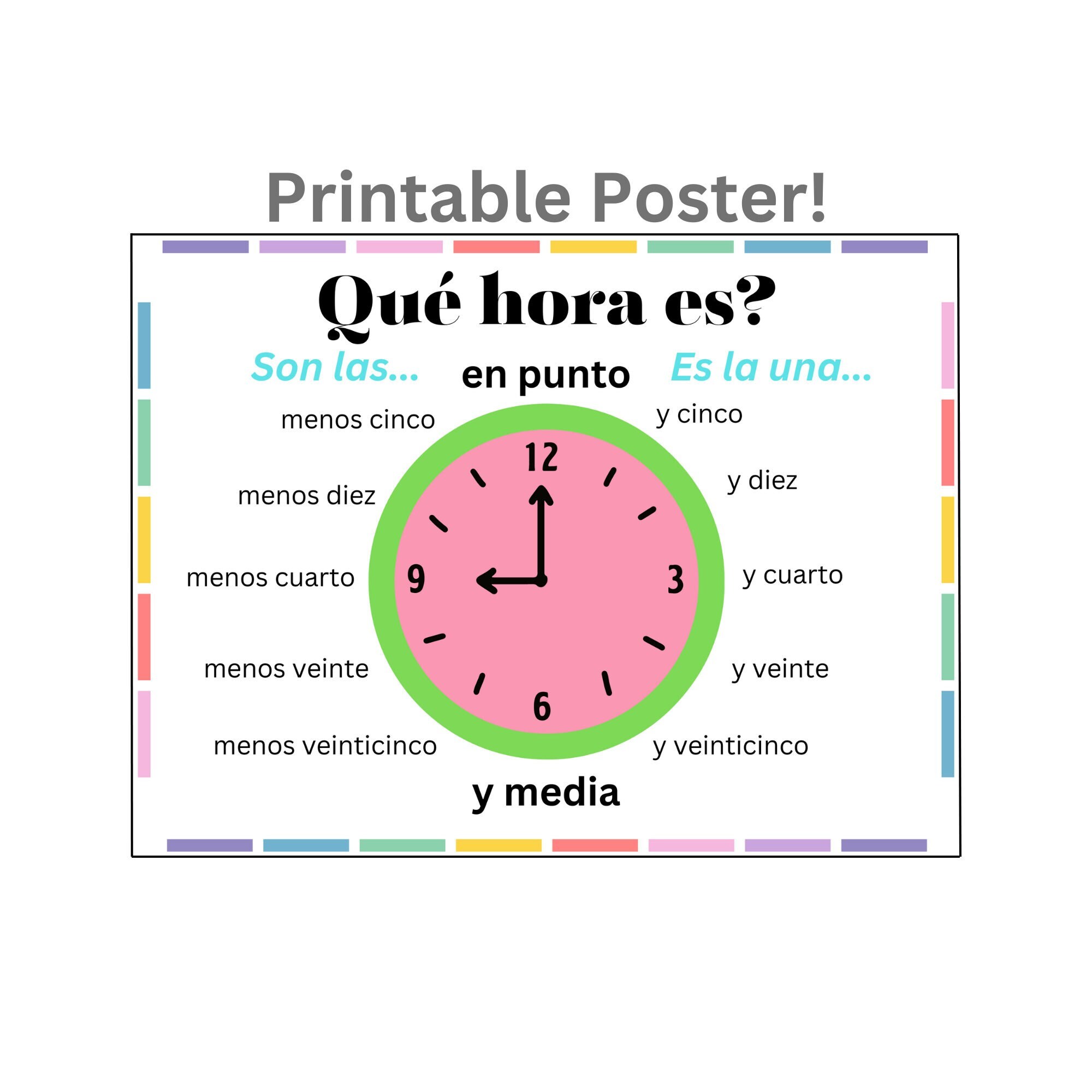 What Time is It Telling Time in Spanish Poster Download - Etsy UK