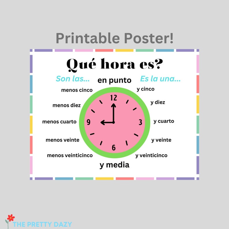 What Time is It? Telling Time in Spanish Poster Download, Spanish ...