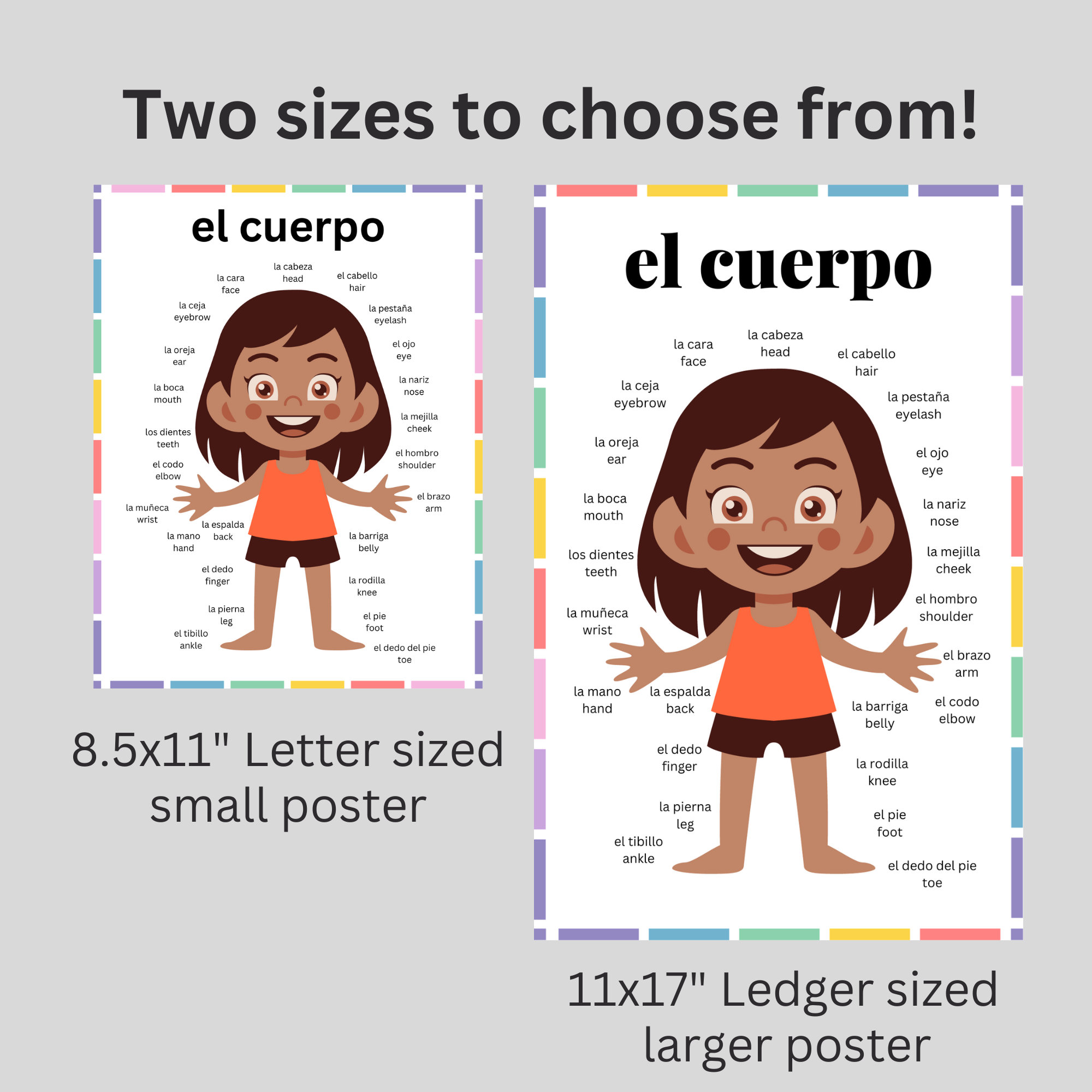 Body Parts in Spanish & English Poster Download, Spanish Basics ...