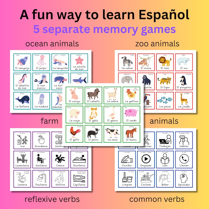 Spanish Memory Games Printable, Spanish Learning, Spanish Game for ...