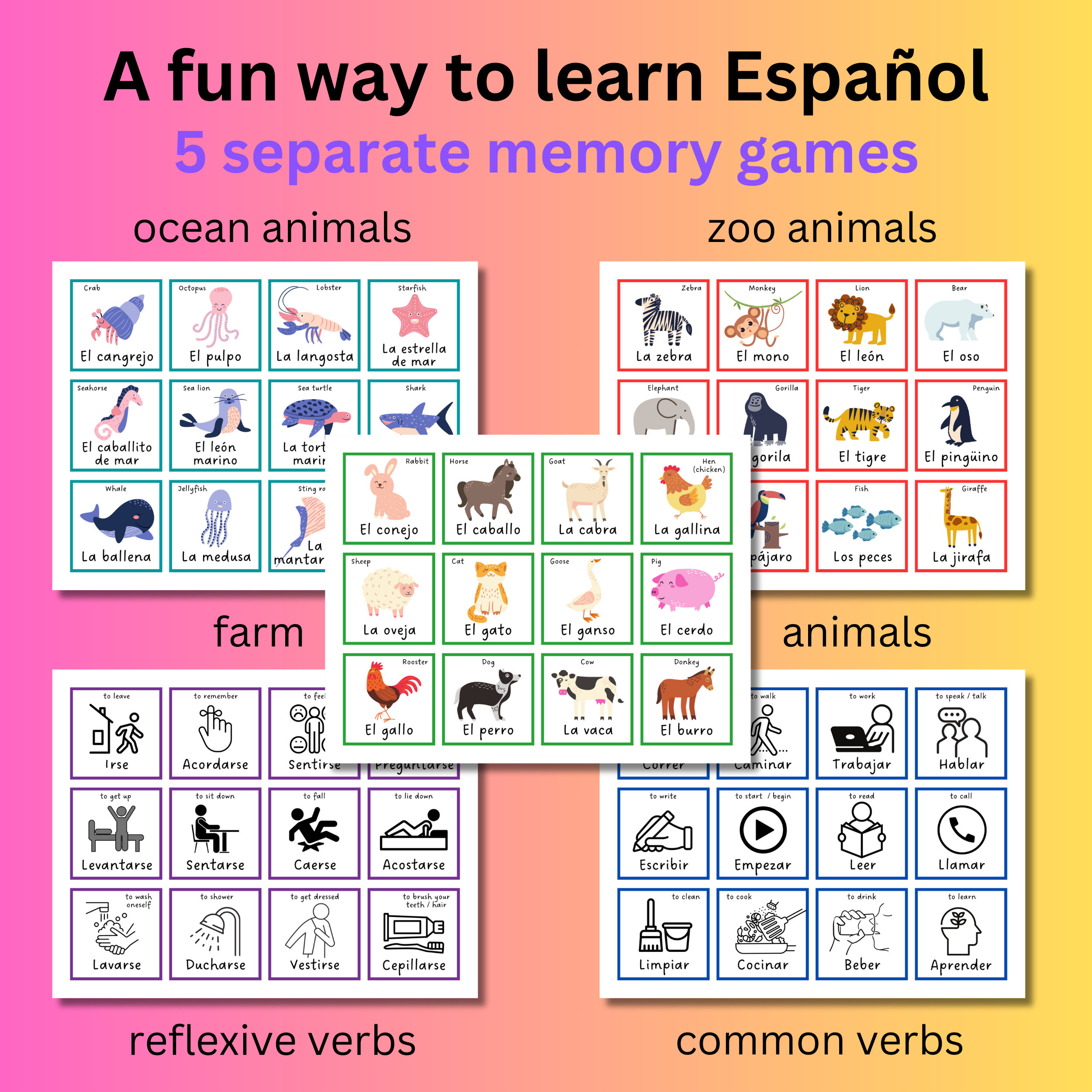 Spanish Memory Games Printable, Spanish Learning, Spanish Game for ...