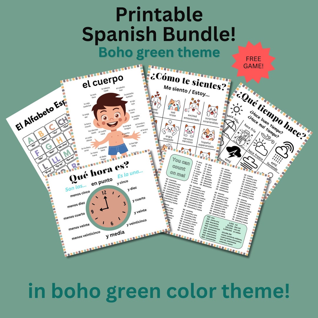 Spanish Basics Bundle Printable Posters in Boho Green, Spanish ...
