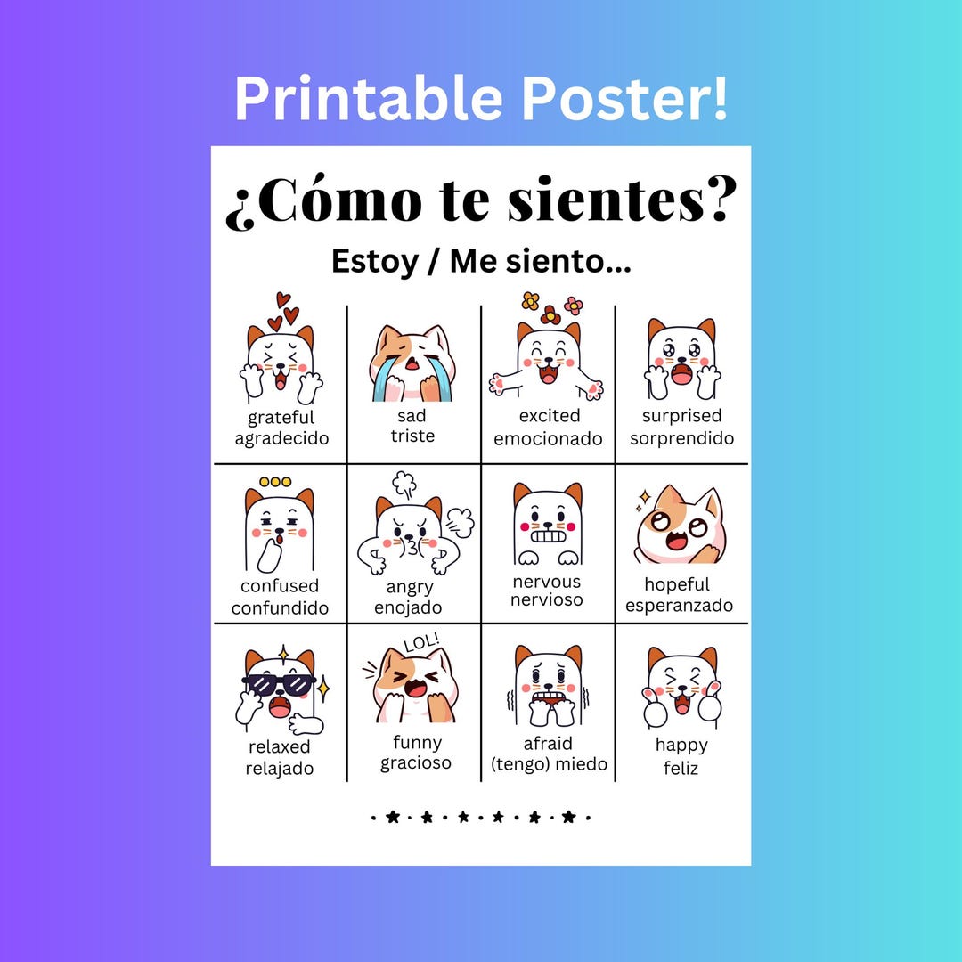 Feelings in Spanish Printable Poster, Digital Download, Spanish Basics ...