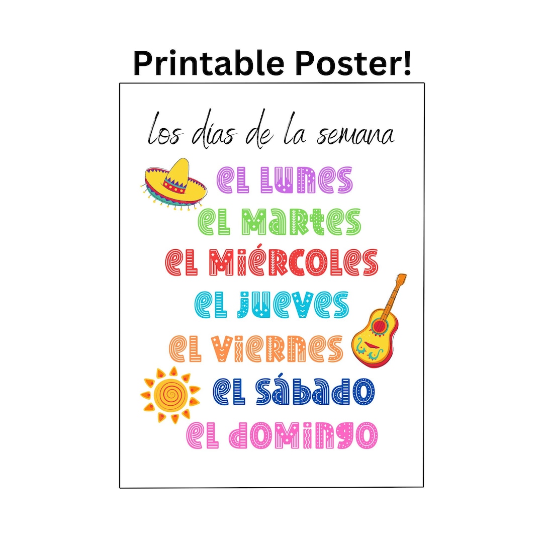 Spanish Days of the Week Poster Download Spanish Basics - Etsy