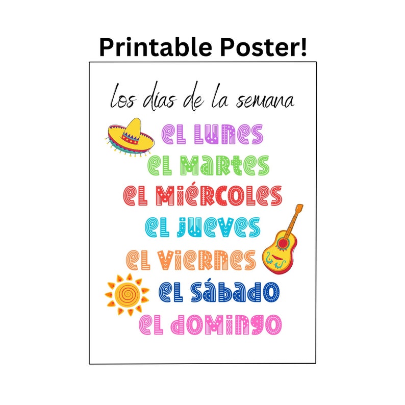 Spanish Days of the Week Poster Download Spanish Basics - Etsy
