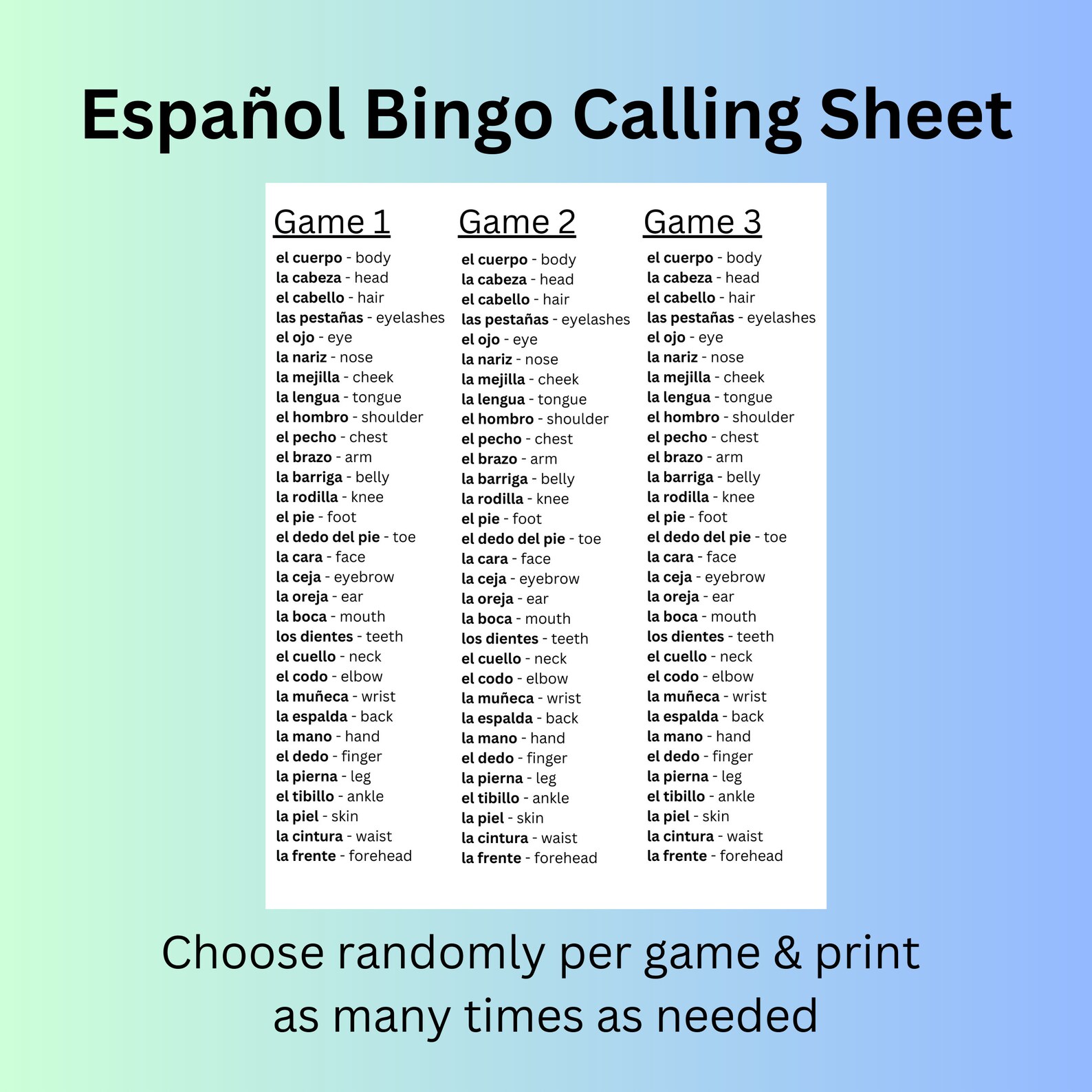 Español Bingo Game Printable, Spanish Bingo, Spanish Basics, Spanish ...