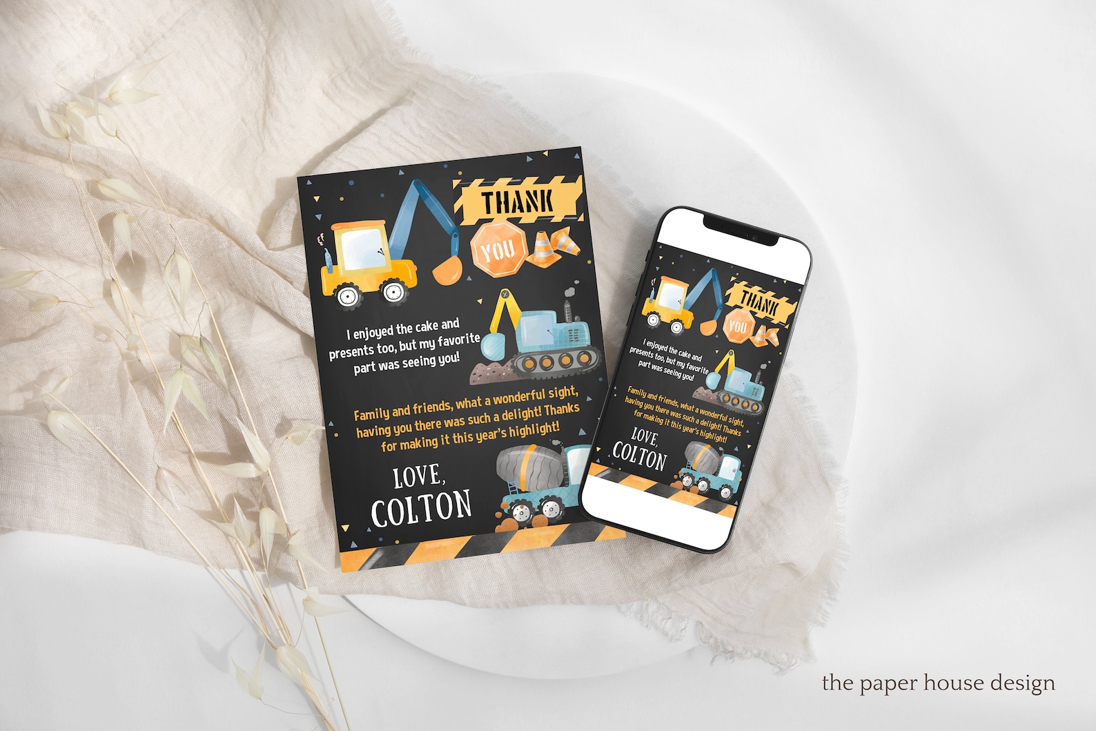 Editable Construction Thank You Card, Construction Boys Birthday Thank ...