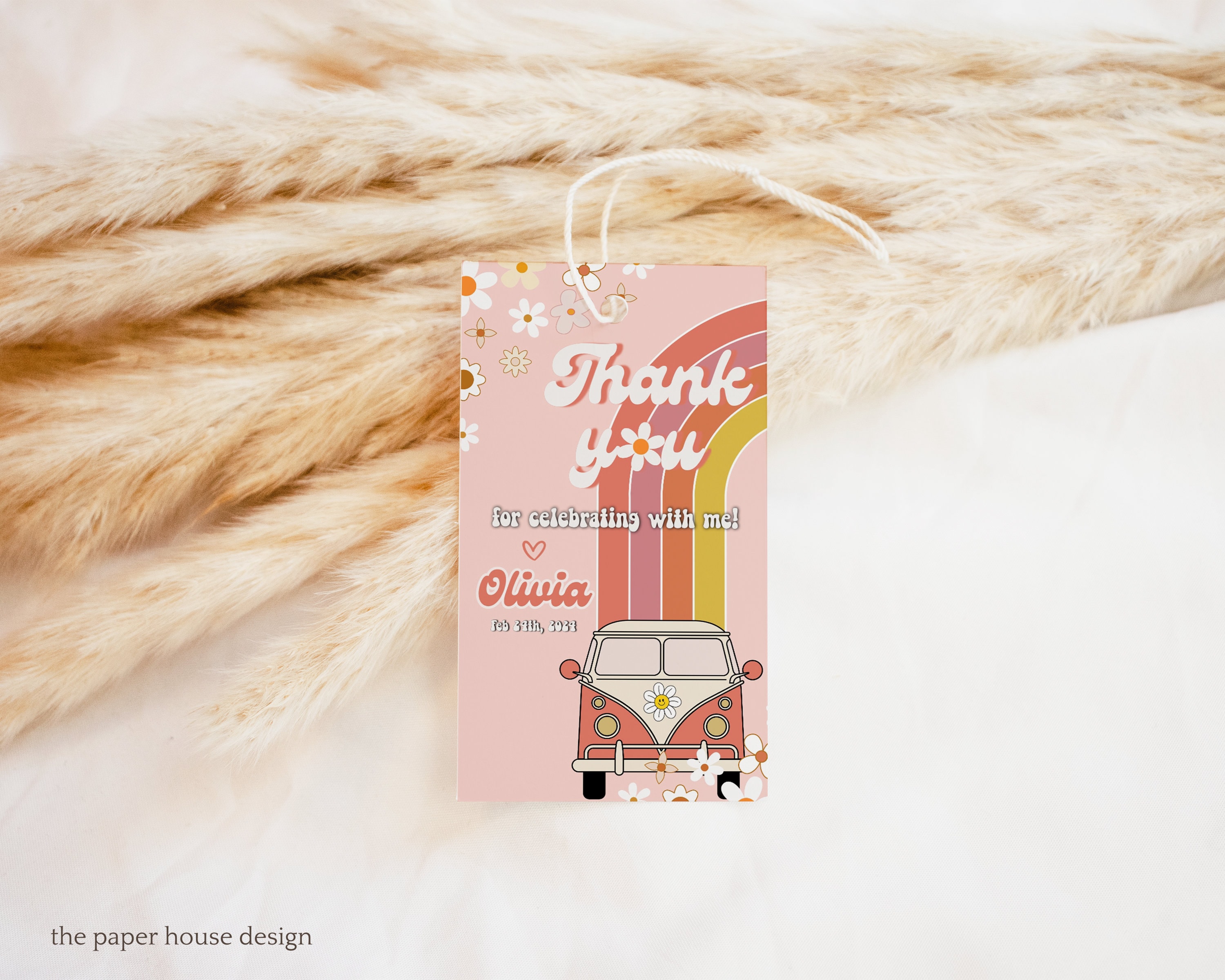 EDITABLE Groovy Retro Birthday Thank You Hang Tag Pink Peach Van Daisy ...