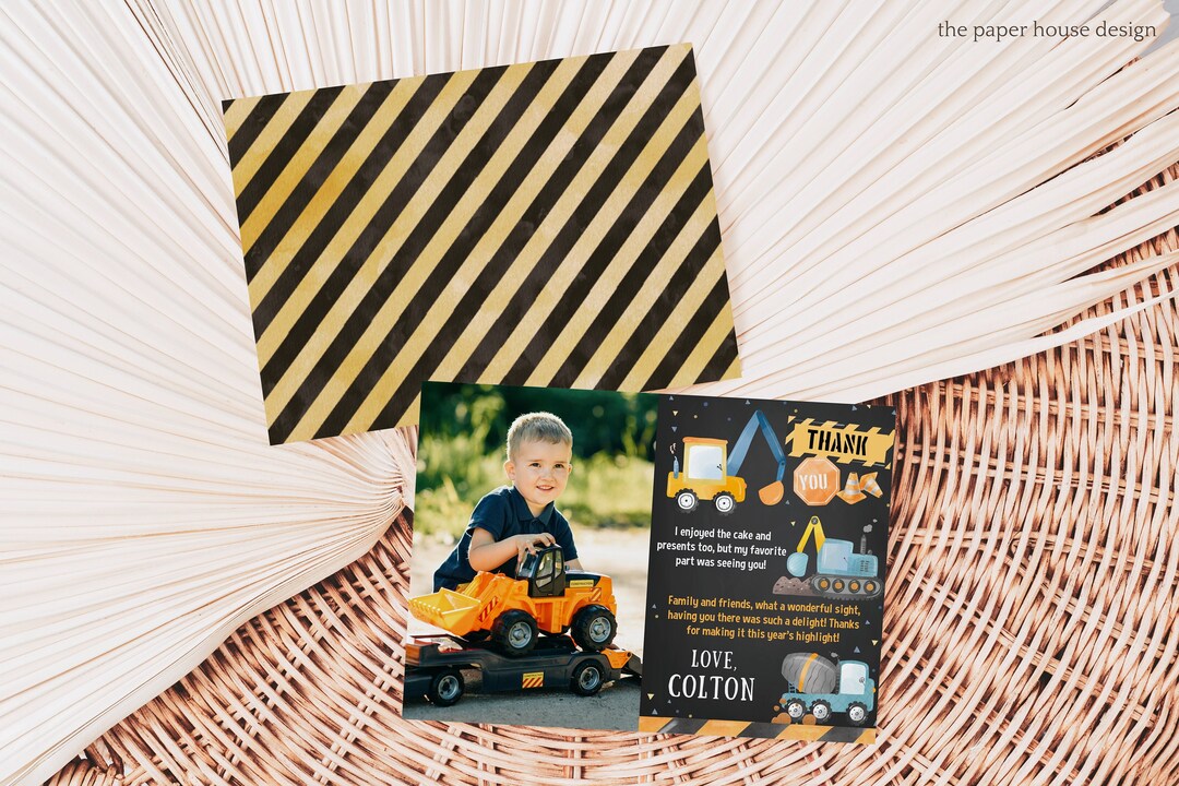 Editable Construction Thank You Card W Photo, Construction Boys ...