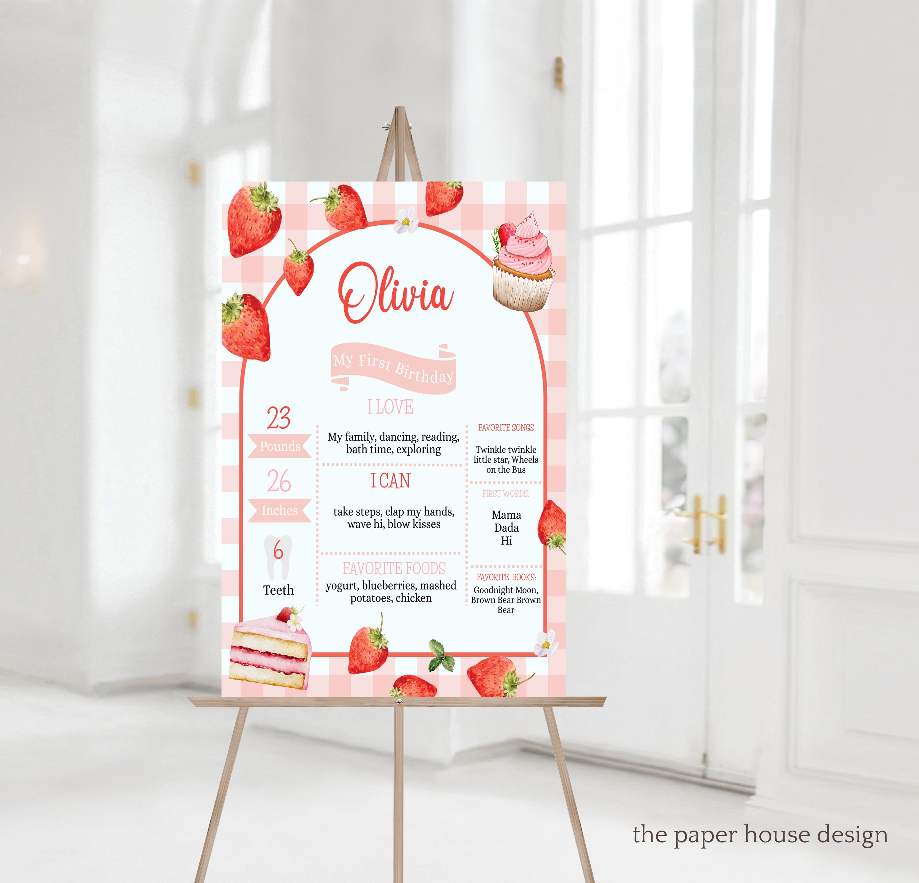 Editable Pink Gingham Berry First Birthday Milestone Sign - Etsy