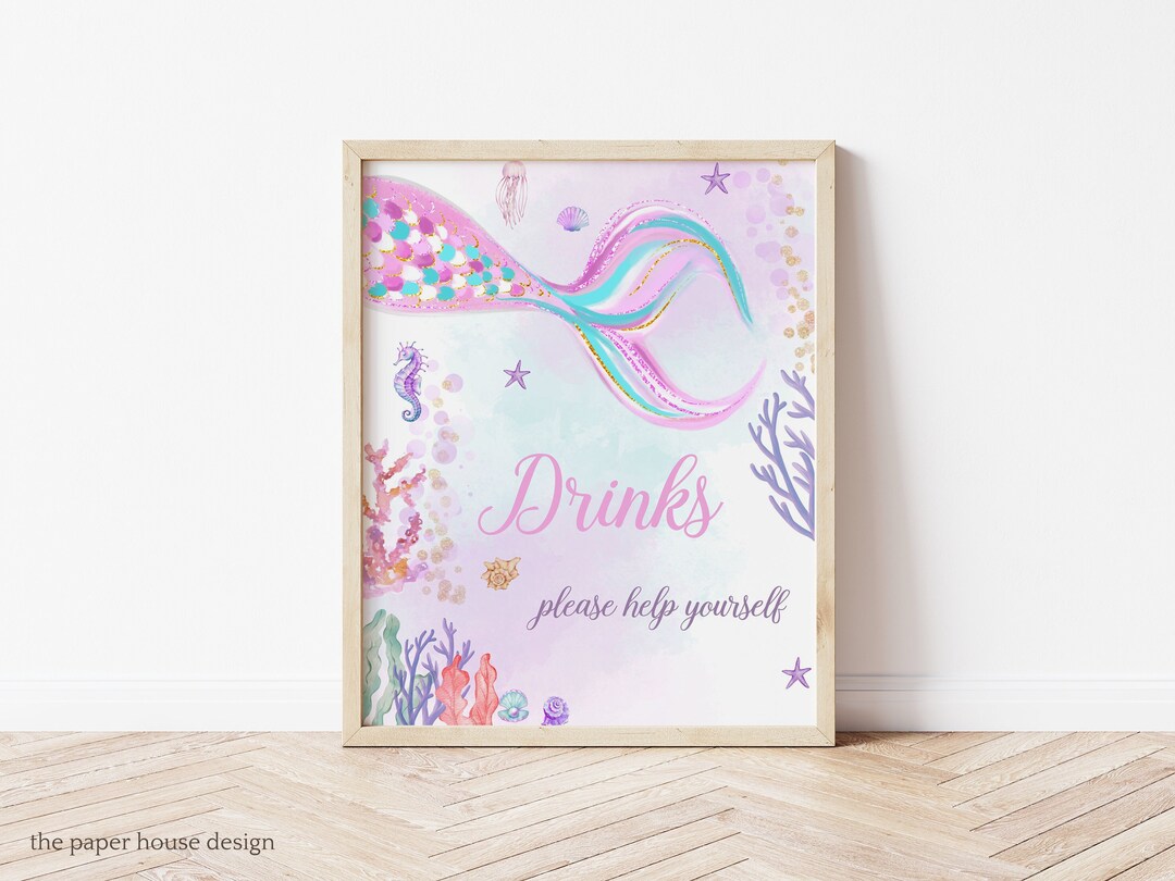 Editable Under the Sea Purple Pink Little Mermaid Birthday Decor Drinks ...