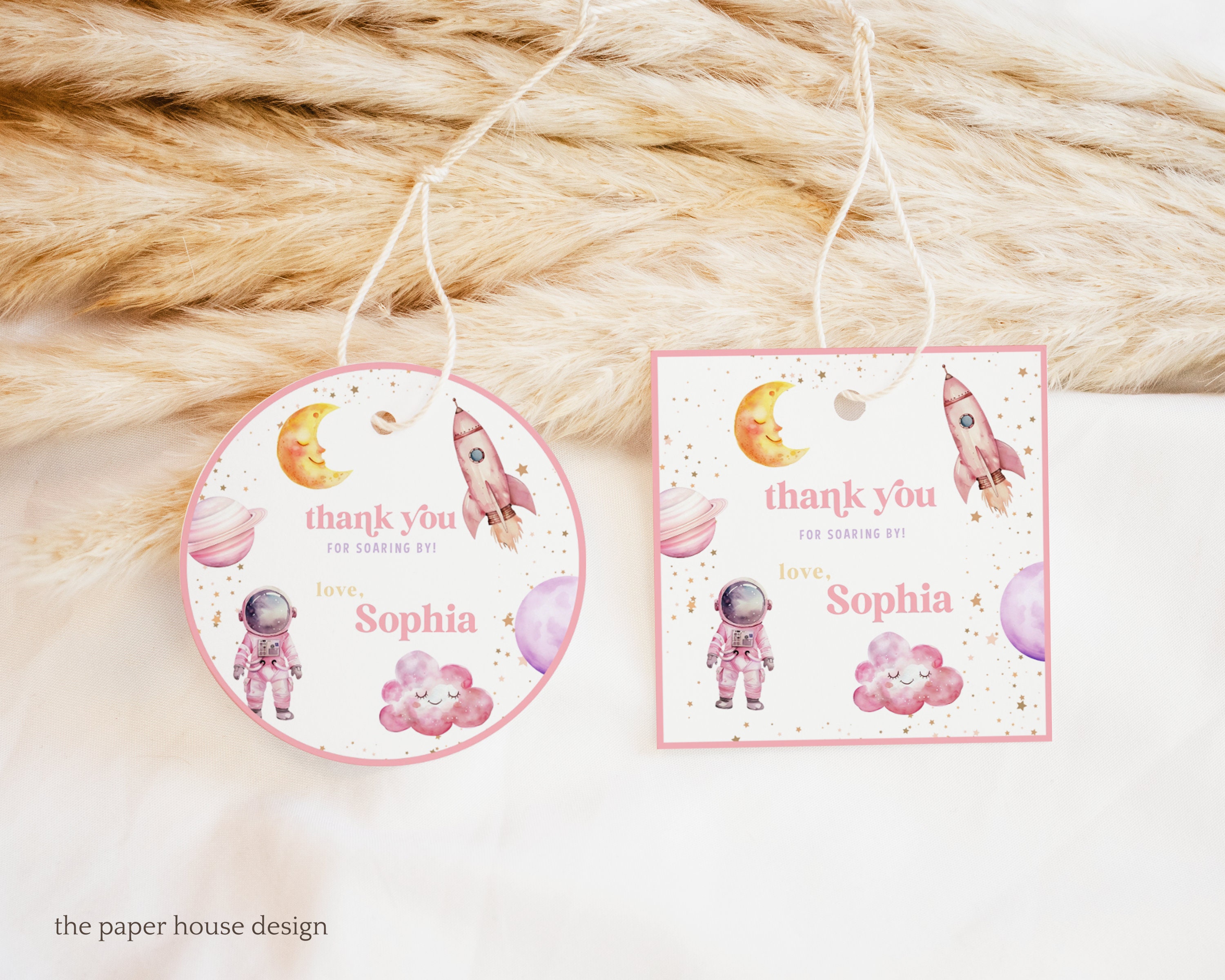 Editable Two the Moon Birthday Thank You Hang Tags Girl Pink Pastel ...