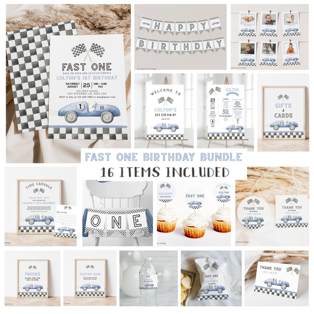 Editable Fast One Racing Car First Birthday Invite Bundle 1st Birthday ...