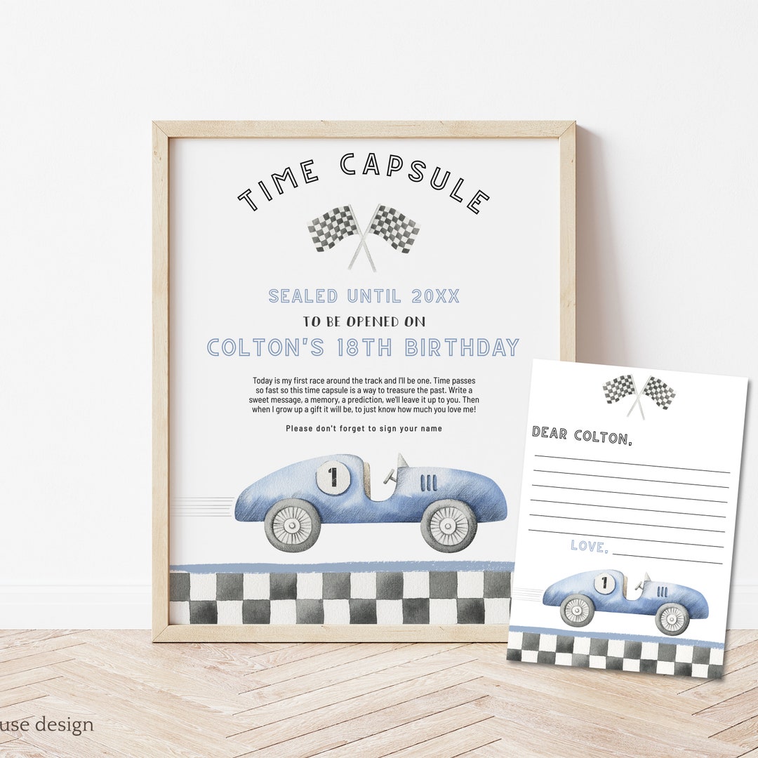 Editable Fast One Racing Car First Birthday Time Capsule Sign Note 1st ...