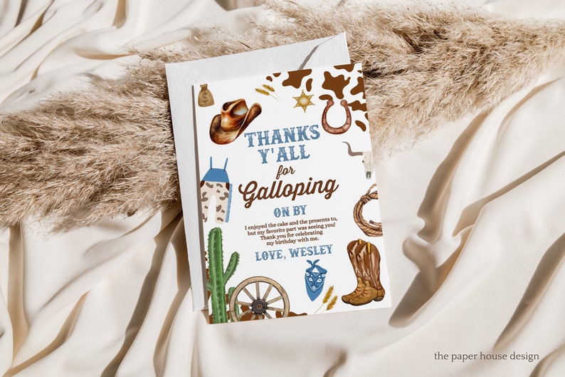 Editable Cowboy Birthday Party Thank You Card Wild West Cowboy Rodeo ...