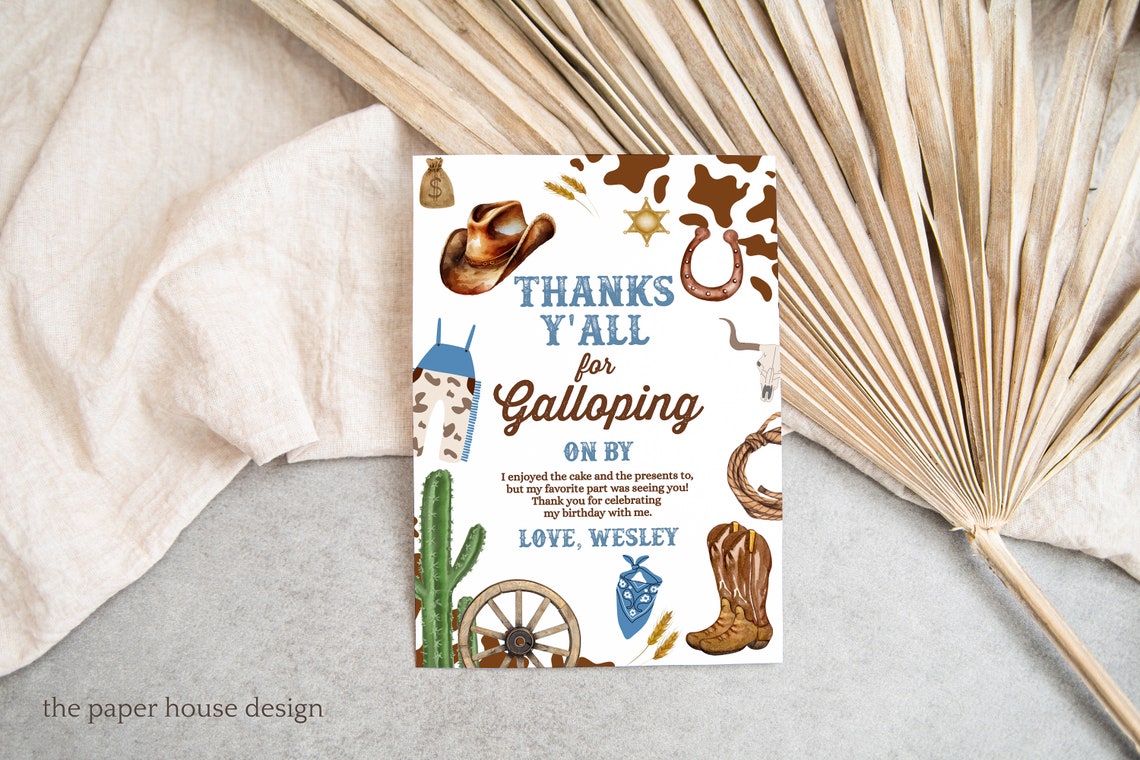Editable Cowboy Birthday Party Thank You Card Wild West Cowboy - Etsy