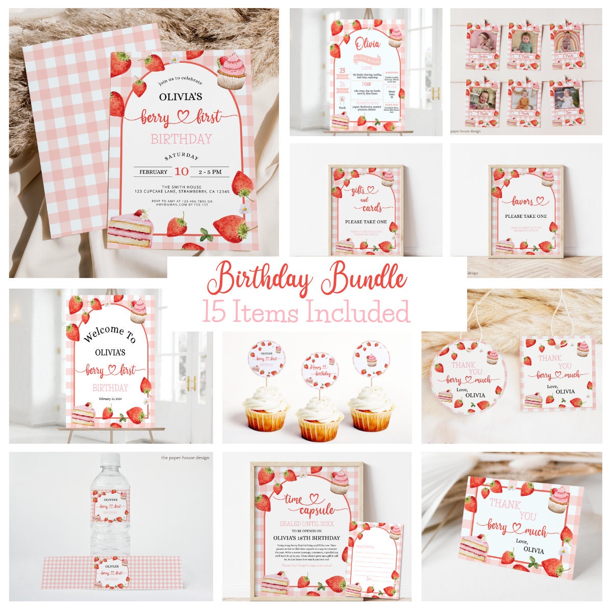 Editable Pink Gingham Berry First Birthday Invitation Decor Bundle ...