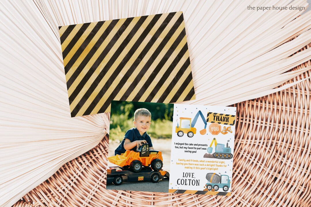 Editable Construction Thank You Card W Photo, Construction Boys ...