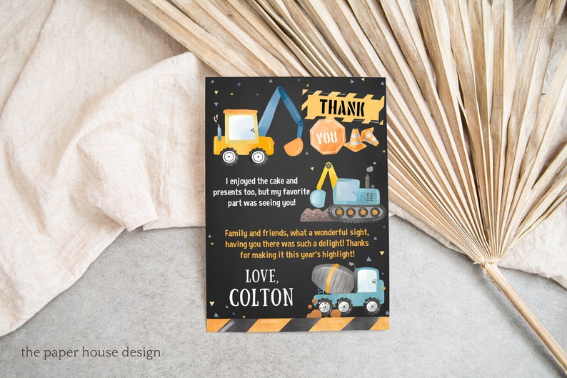 Editable Construction Thank You Card, Construction Boys Birthday Thank ...