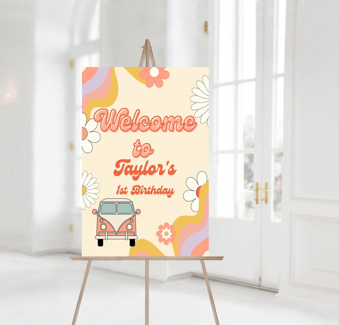 EDITABLE Two Groovy Party Welcome to Sign Birthday Decor Retro Flower ...