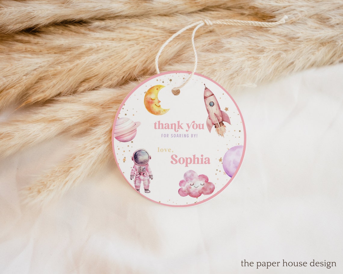 Editable Two the Moon Birthday Thank You Hang Tags Girl Pink Pastel ...