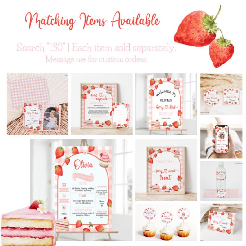 Editable Pink Gingham Berry First Birthday Invitation Decor Bundle ...