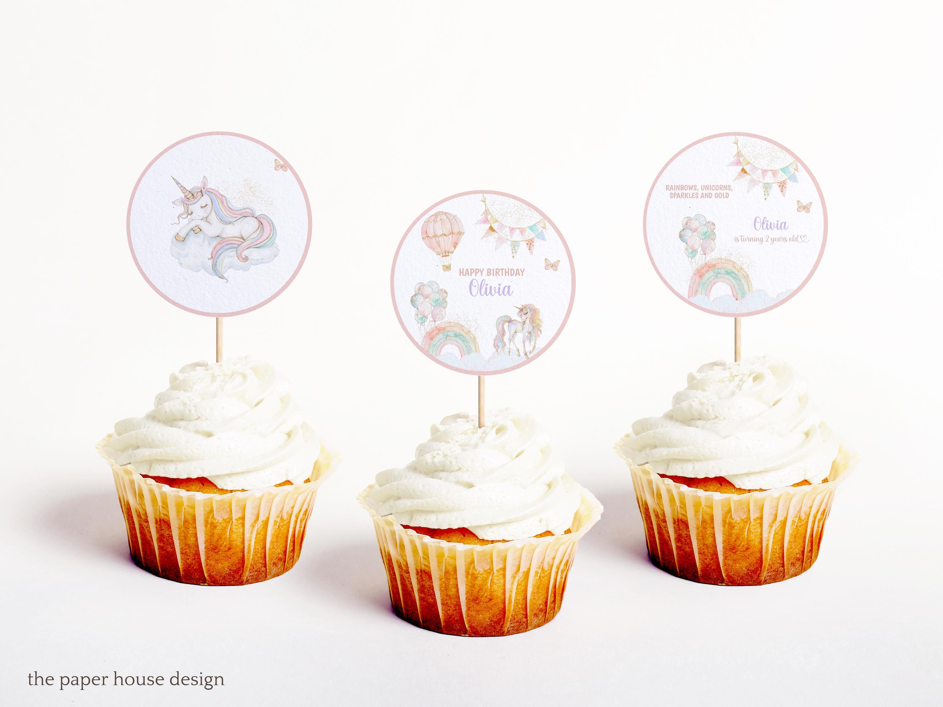 Unicorn Birthday Decorations Cupcake Toppers Pastel Unicorn Rainbow ...