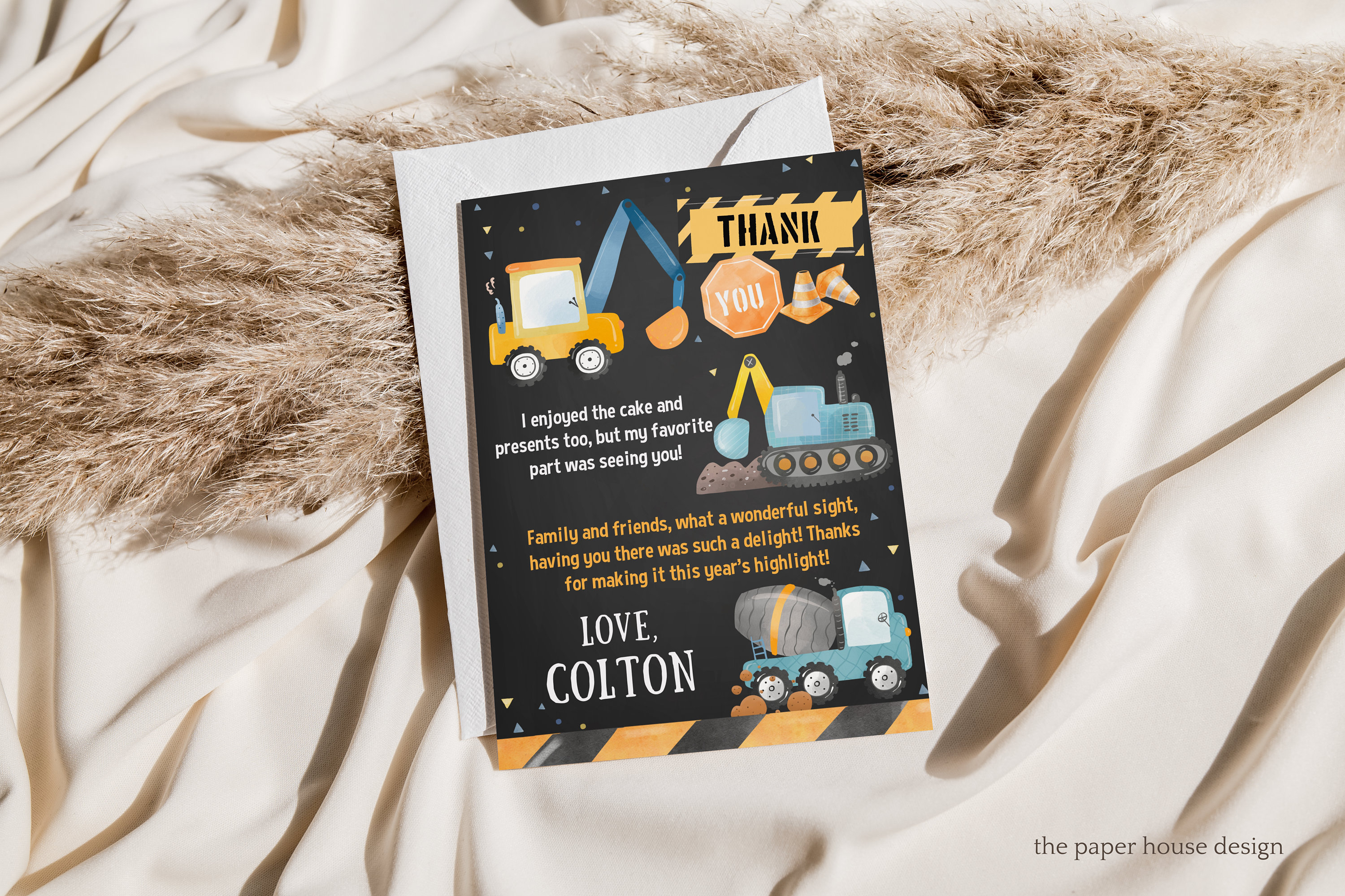 Editable Construction Thank You Card, Construction Boys Birthday Thank ...