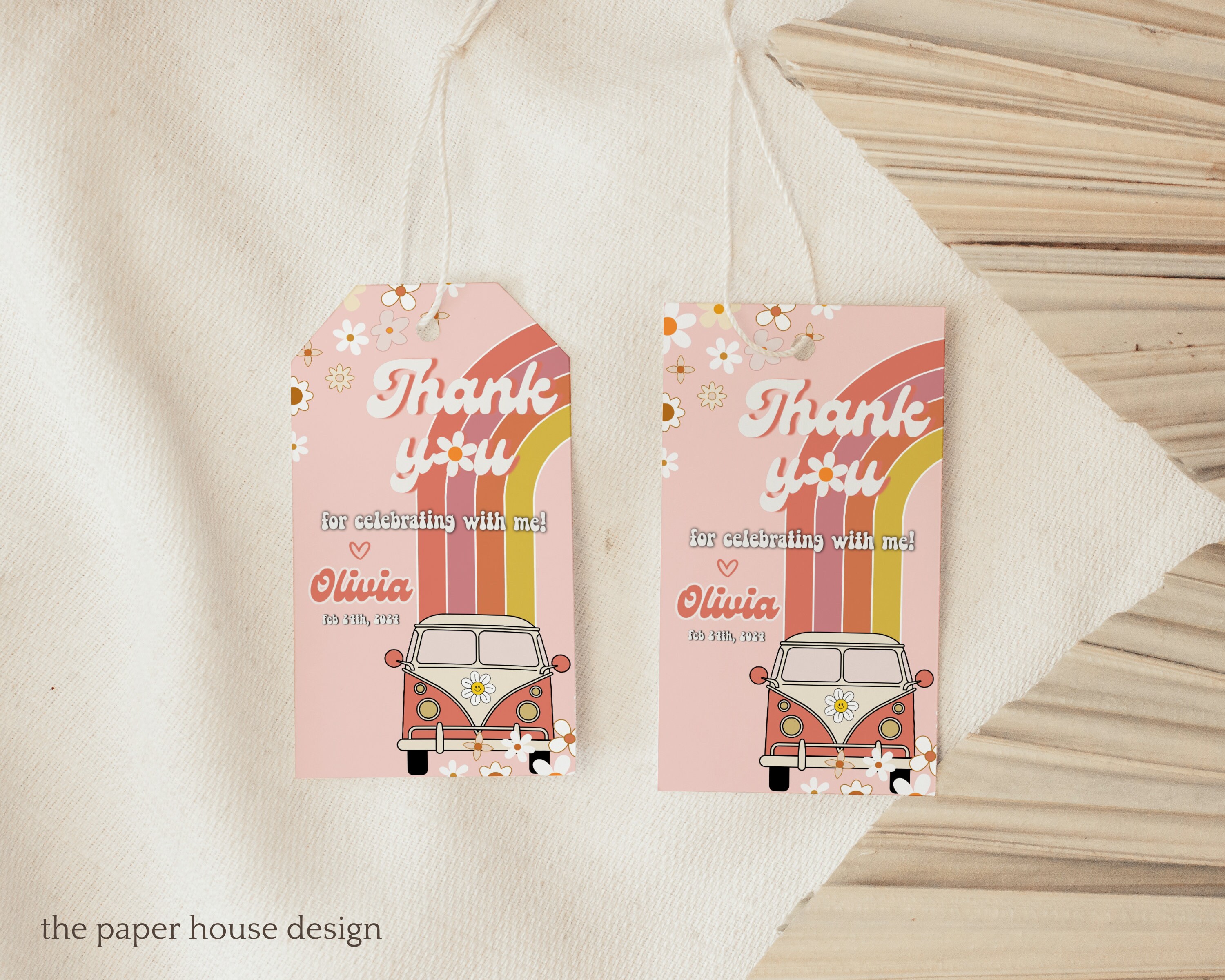 EDITABLE Groovy Retro Birthday Thank You Hang Tag Pink Peach Van Daisy ...