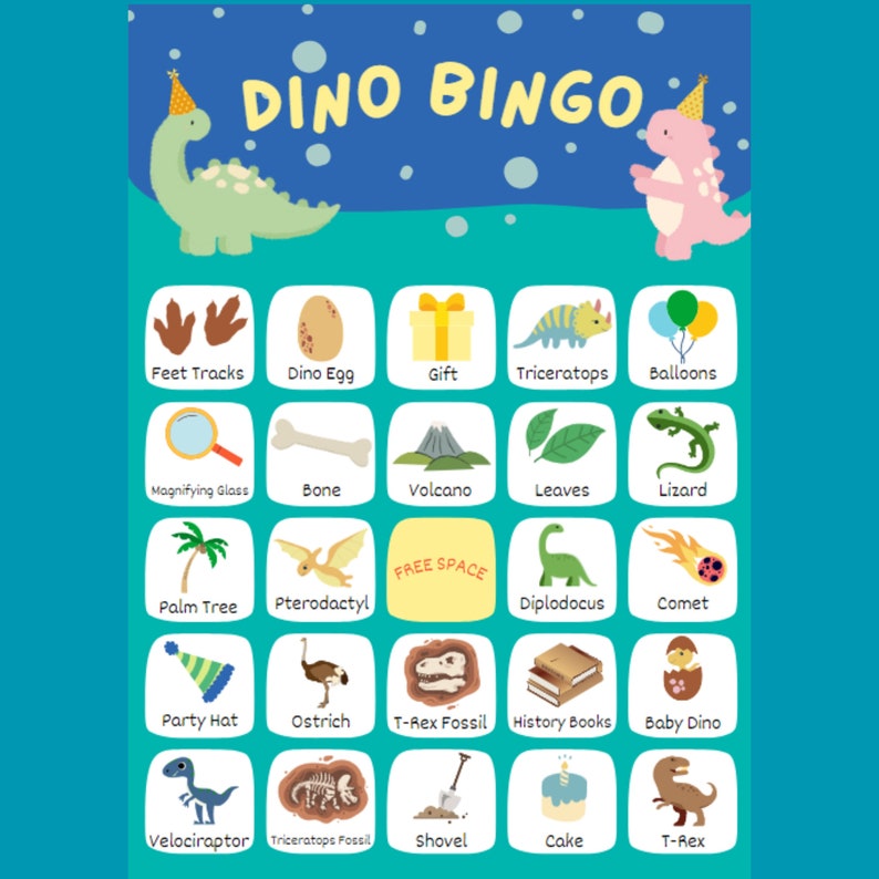 Bingo, Dinosaur Party Bingo, Birthday Game, Boys Party, Girls Party ...