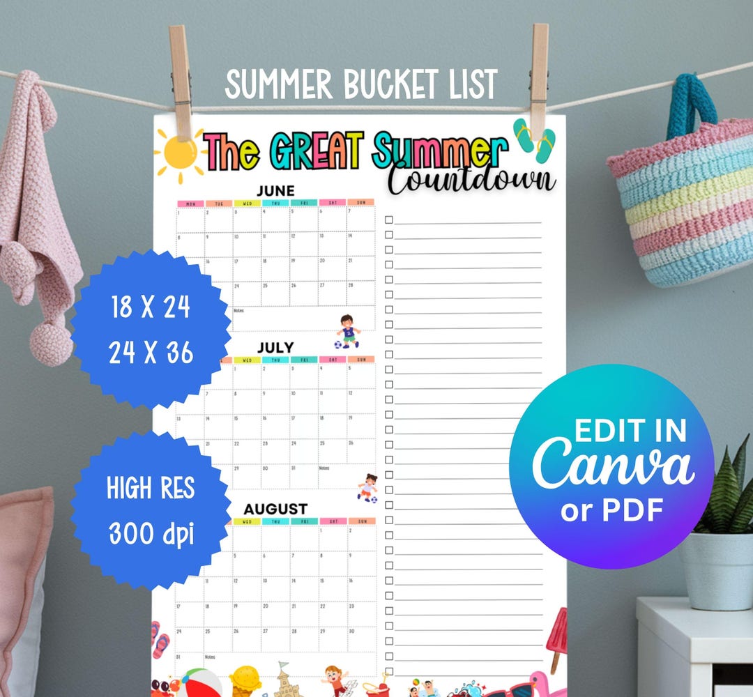 Kids Summer Countdown Calendar: Editable Activity Planner (PDF & Canva ...