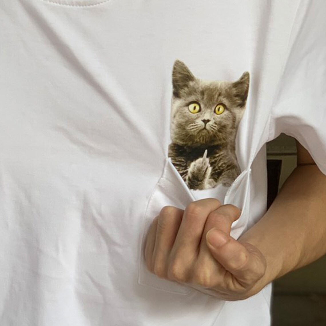 Funny Cat Pocket Hidden Middle Finger Signed Funny Cat Printed T-shirt ...