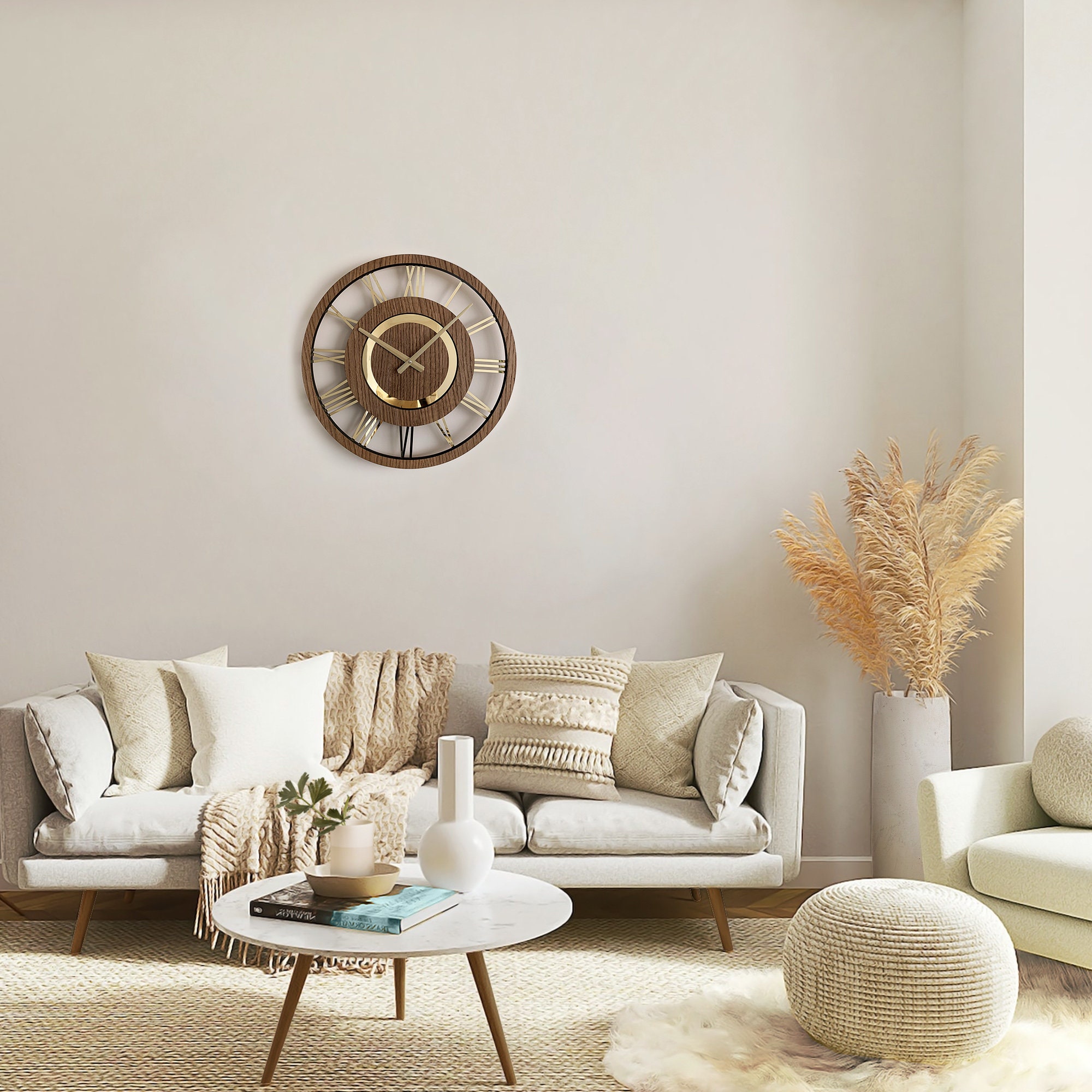 Moderne wandklok met Romeinse cijfers Stille unieke houten ...