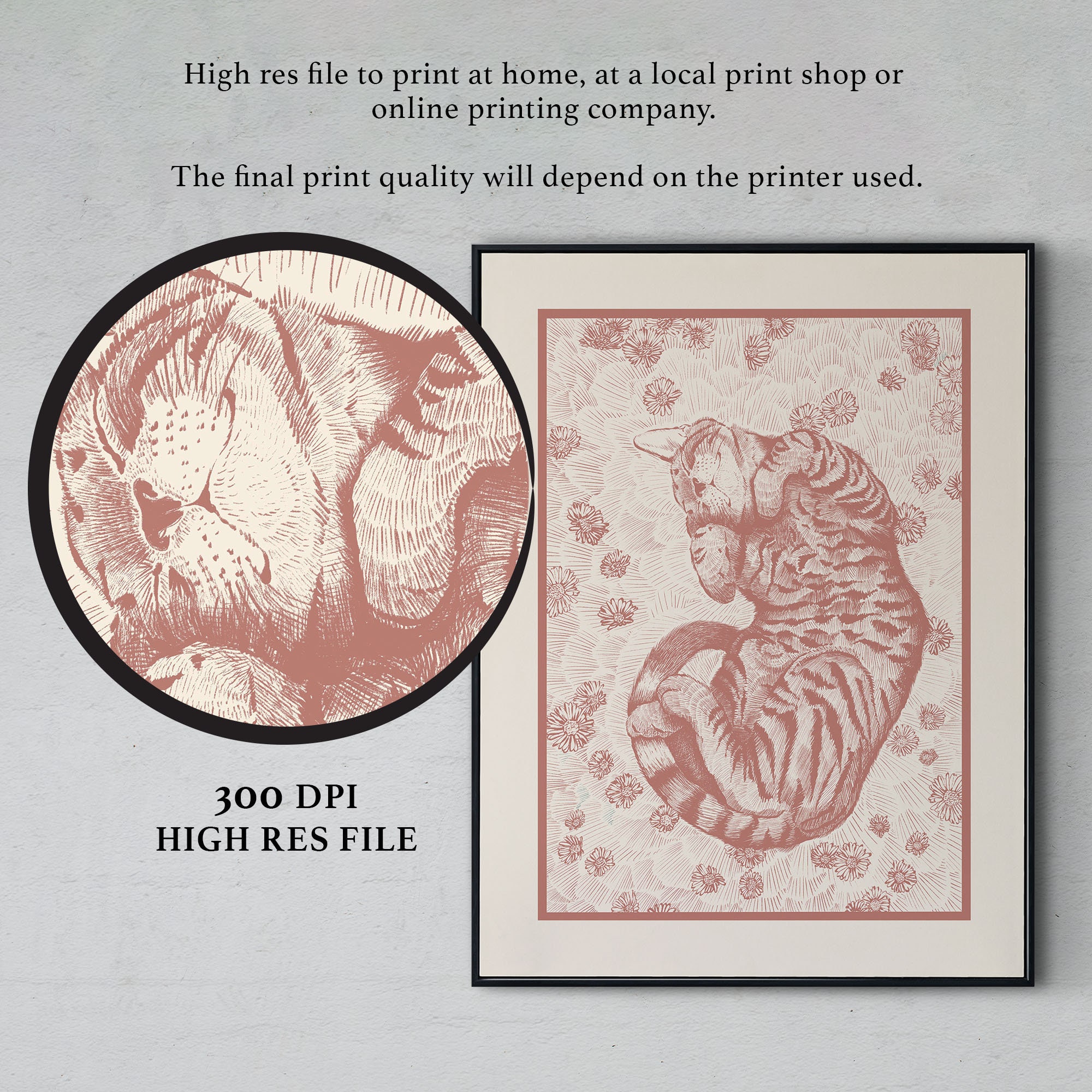 Dusky Dark Pink Daisy Cat Art Print DIGITAL DOWNLOAD Pink - Etsy