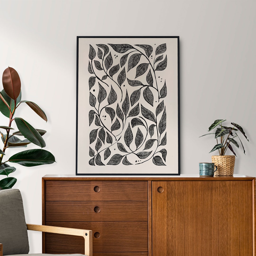 Line Drawn Vines Art Print DIGITAL DOWNLOAD, Beige and Black Wall Art ...
