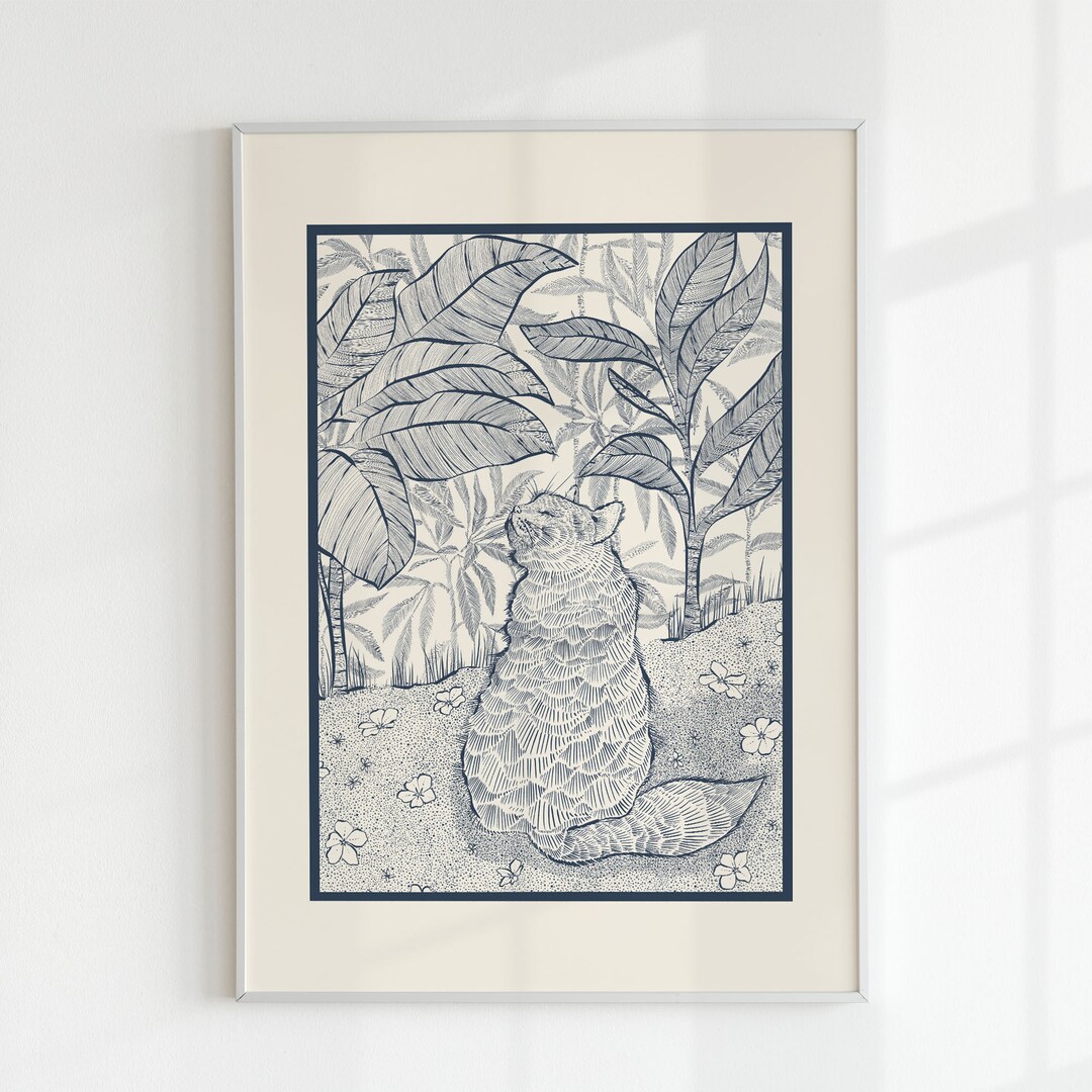 Navy Blue Cat in the Sun Art Print DIGITAL DOWNLOAD, Blue and Cream ...