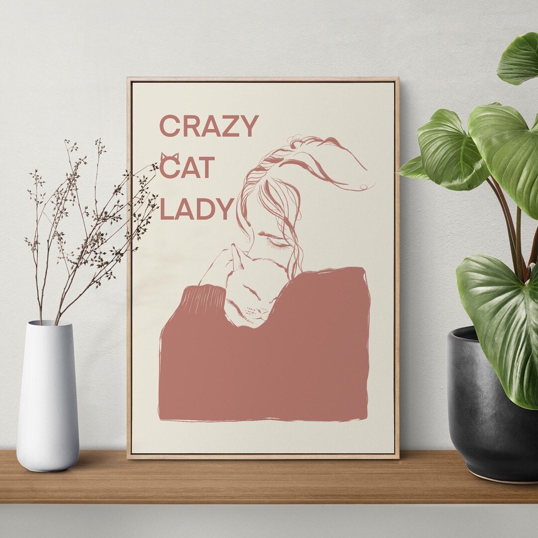 Funny Crazy Cat Lady Art Print DIGITAL DOWNLOAD Dusky Pink Wall Art ...