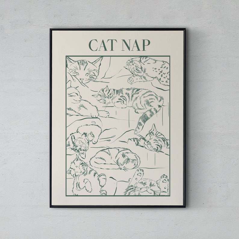 Sage Green Snoozing Cats Art Print DIGITAL DOWNLOAD Black and - Etsy