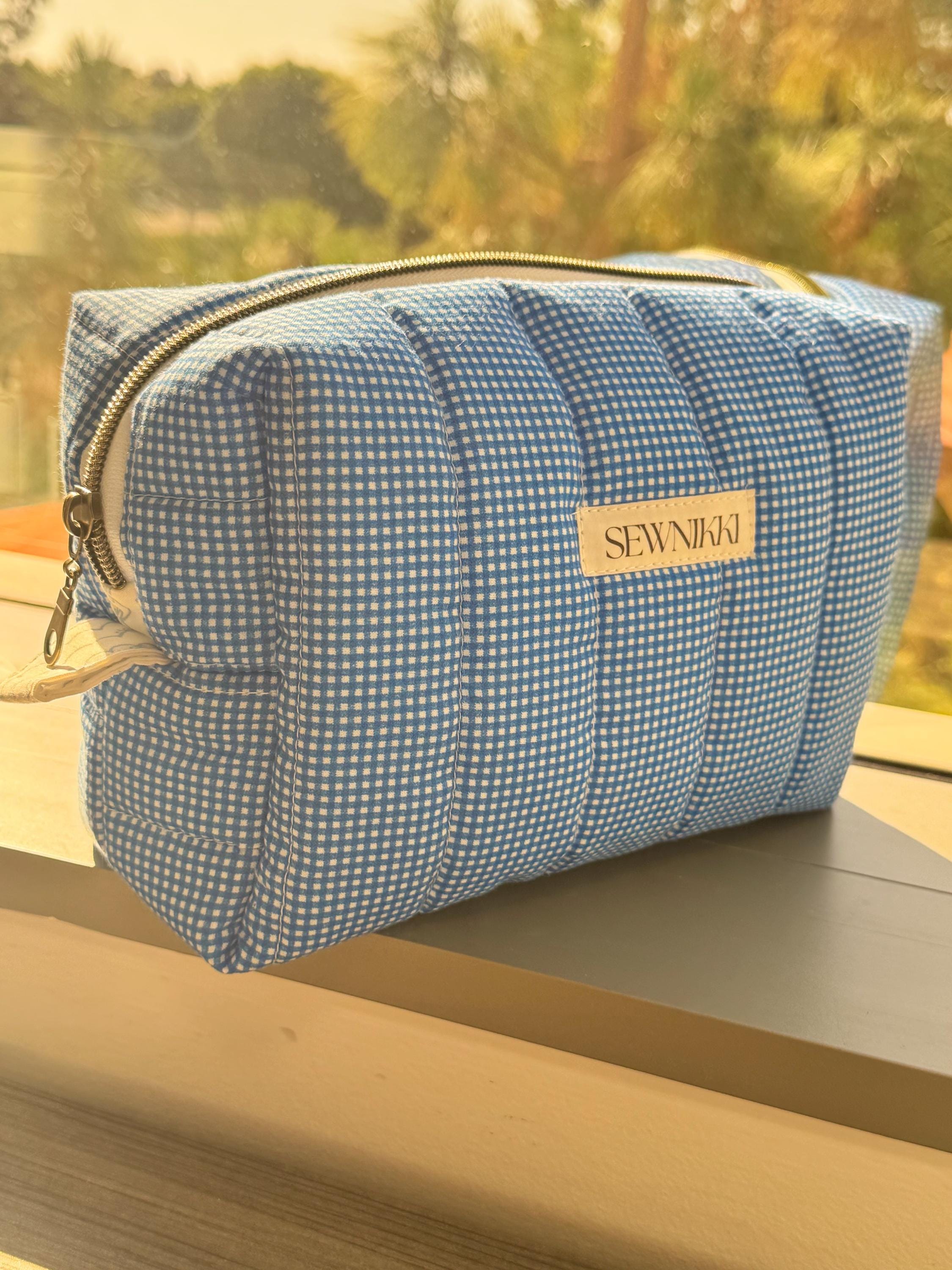 Blue Plaid Quilted Makeup Bag – Handmade Zipper Pouch, Classic Cosmetic ...