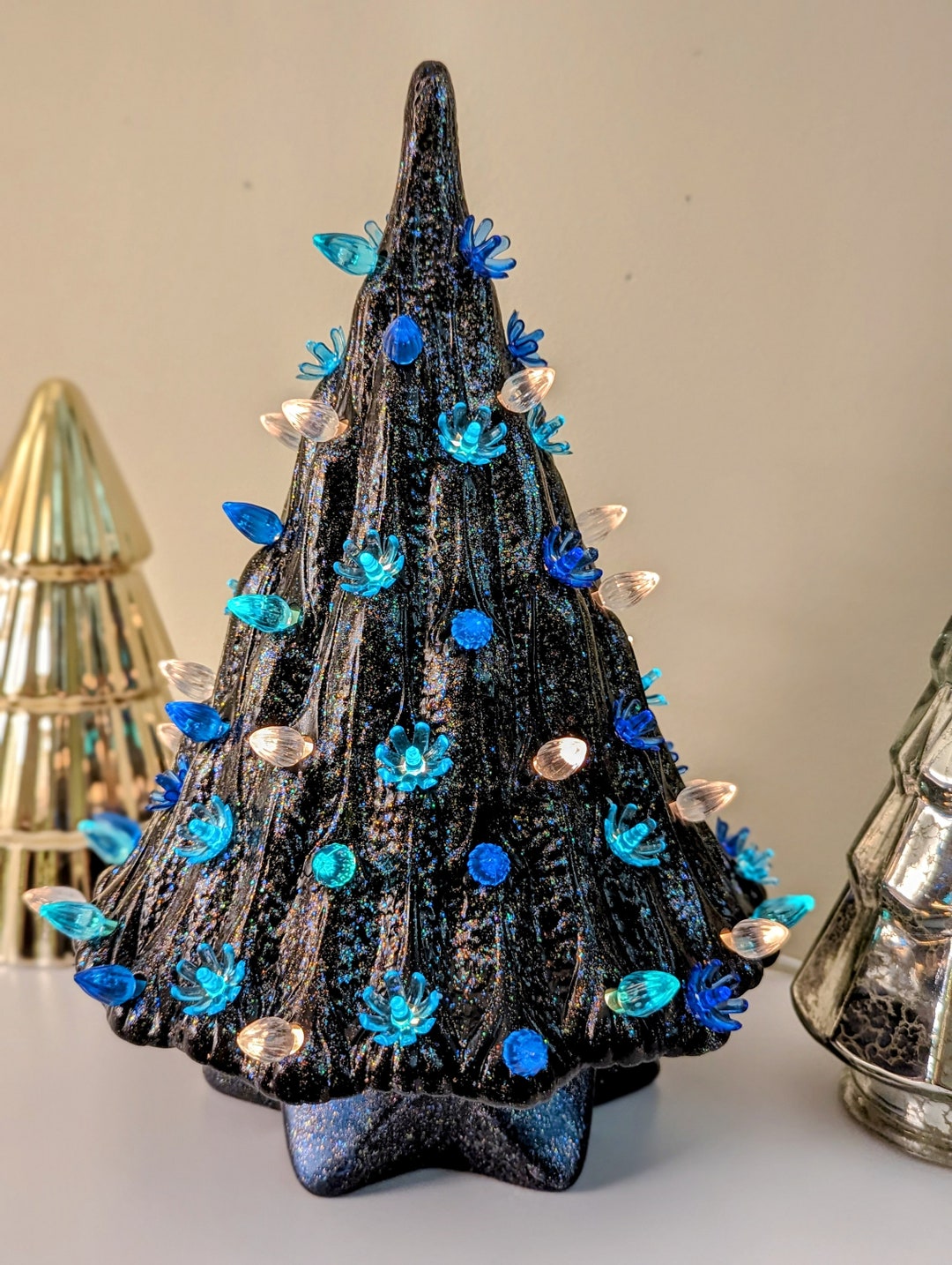 Ceramic Black and Blue Christmas Tree, Iridescent Sparkle Lava Tree, 12 ...