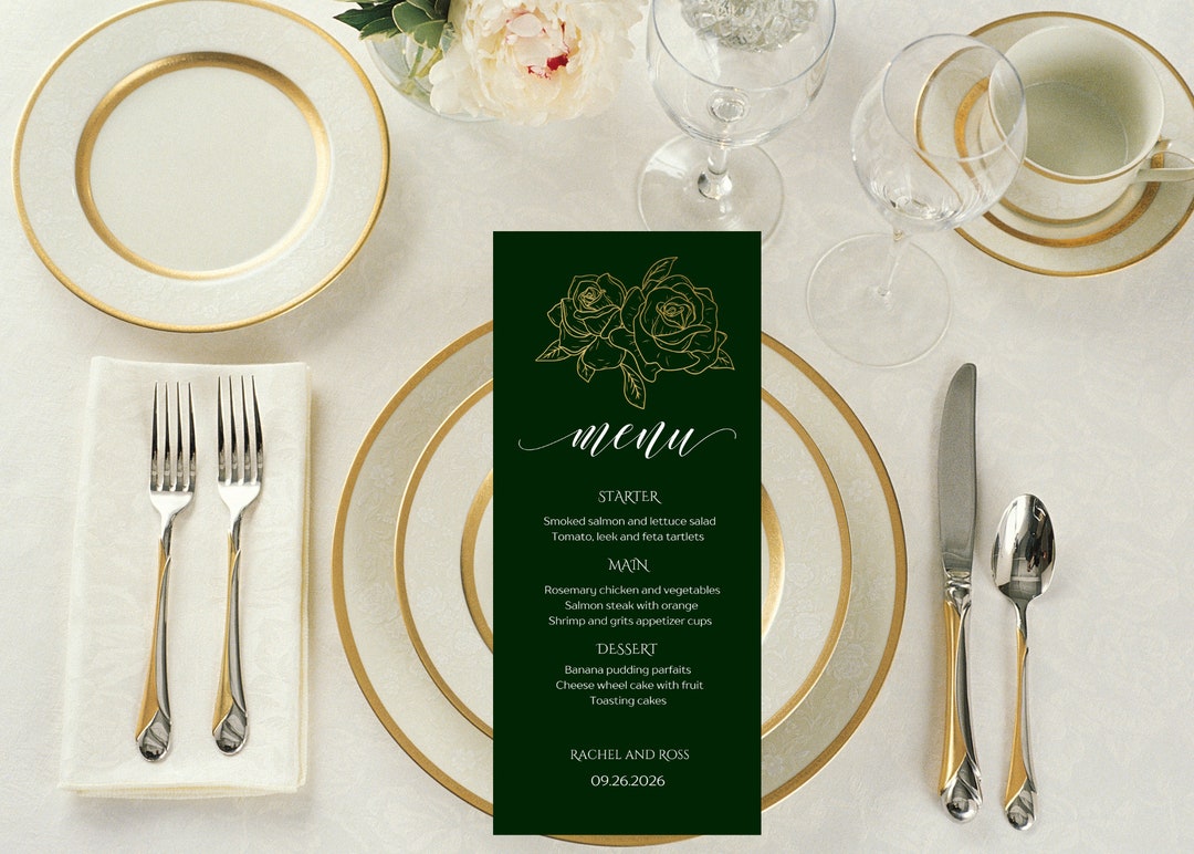 Emerald Green and Gold Menu for Wedding, Luncheon, Dinner Party, and ...
