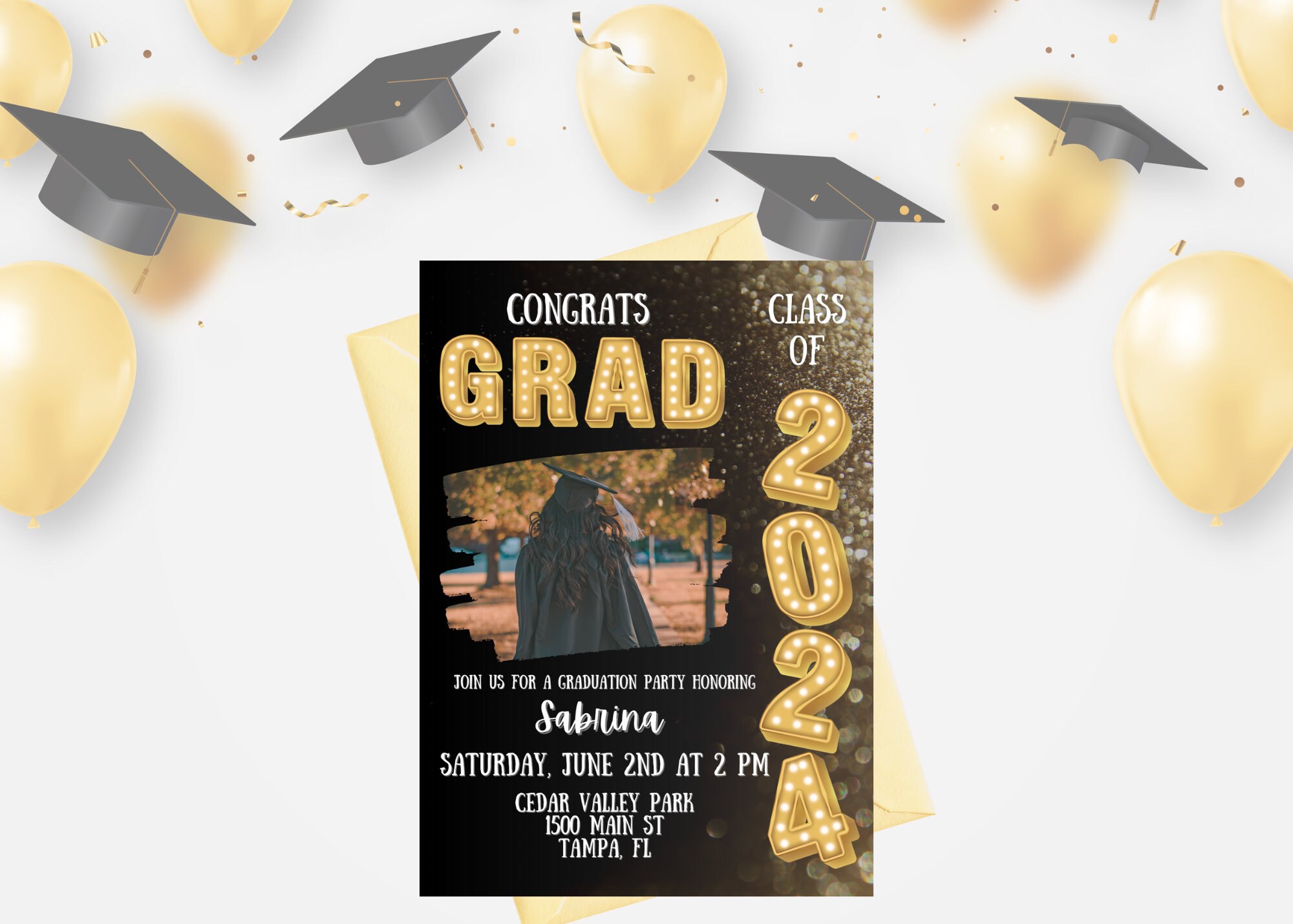 Graduation Party Invitation Template. Black and Gold Grad Party Invite ...