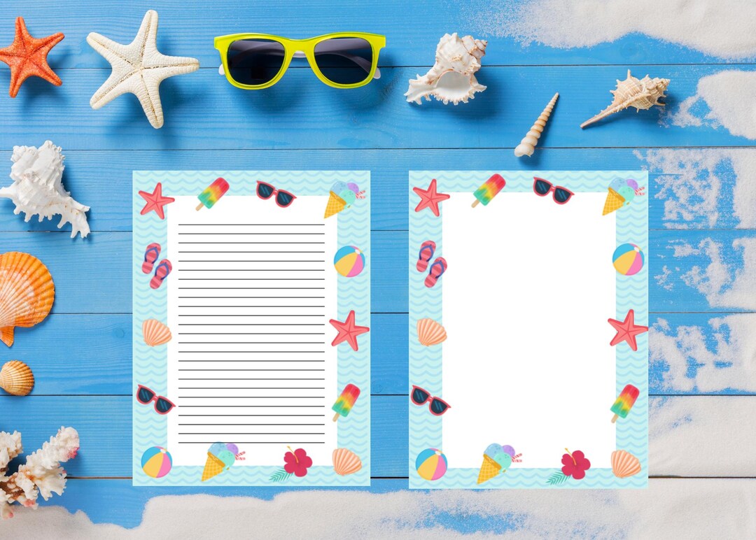 Summer Beach Stationary Set. Printable Summer Themed Lined and Unlined ...