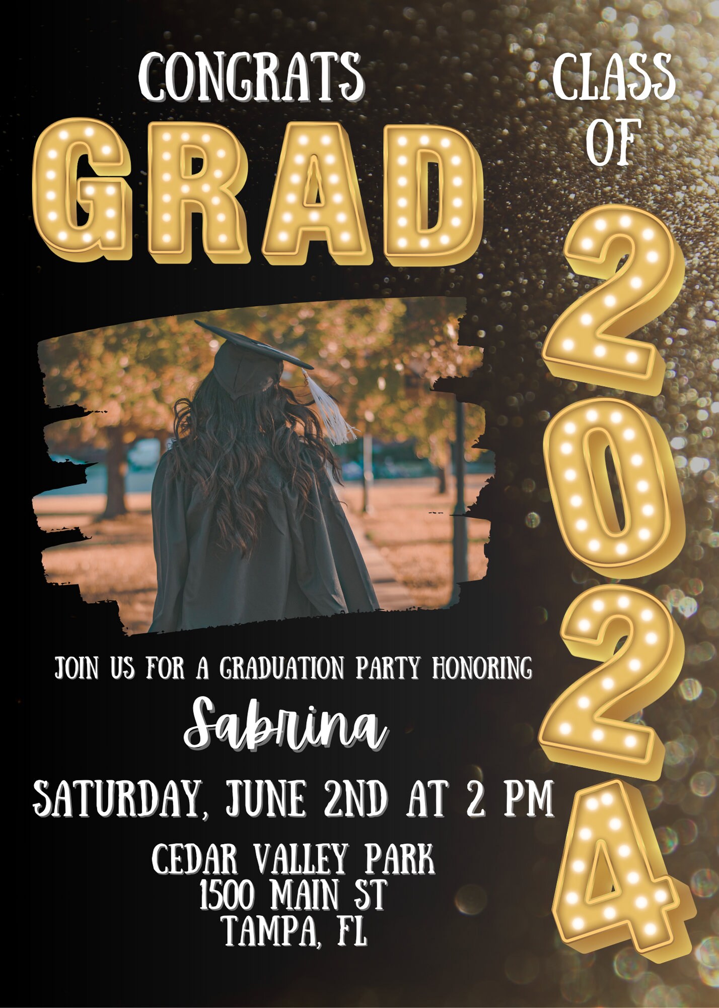 Graduation Party Invitation Template. Black and Gold Grad Party Invite ...