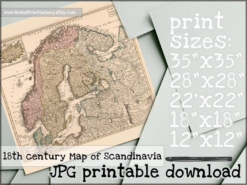 Printable JPG Map of Scandinavia With Side Map of Iceland. Digitally ...