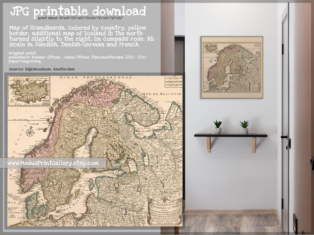 Printable JPG Map of Scandinavia With Side Map of Iceland. Digitally ...